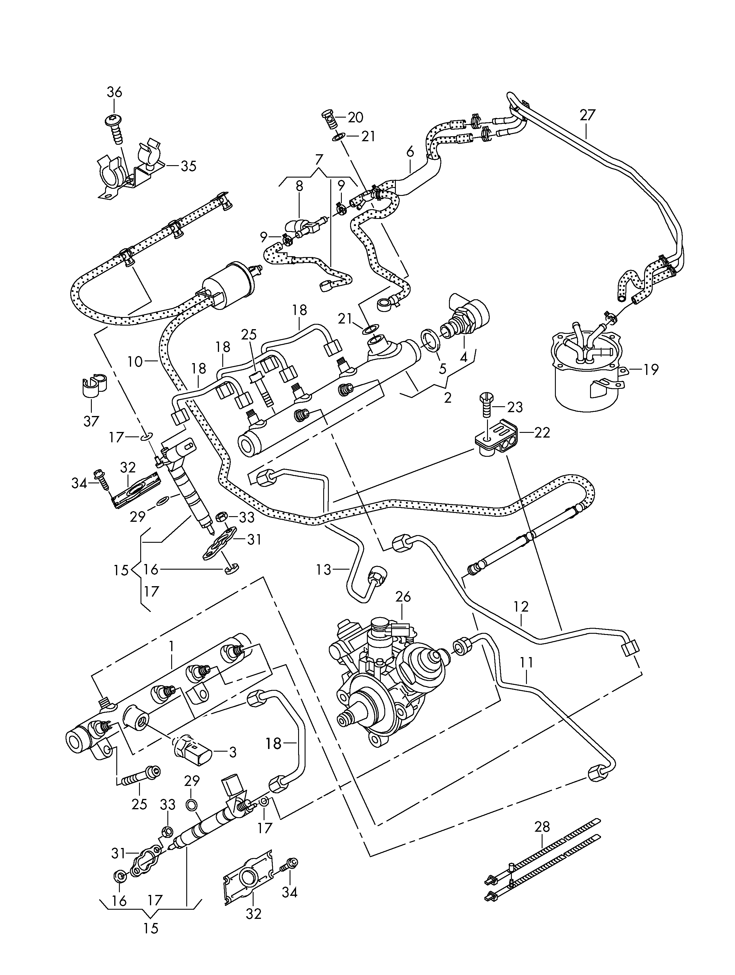 Touareg (2007 - 2010) - Pressure pipes. fuel rail. injector unit ...